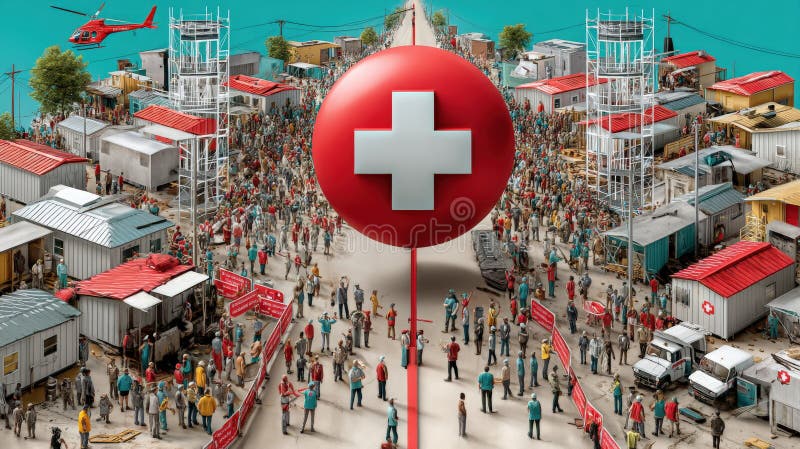A Crowd of People are Gathered in Front of a Red Cross Symbol ...