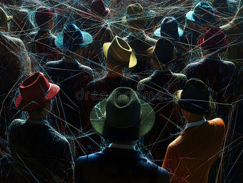 Crowd of People in Hats, Intricate Web of Threads, Dark Setting Stock ...