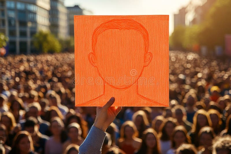 Crowd of People Holding a Square Orange Placard Featuring an Anonymous ...