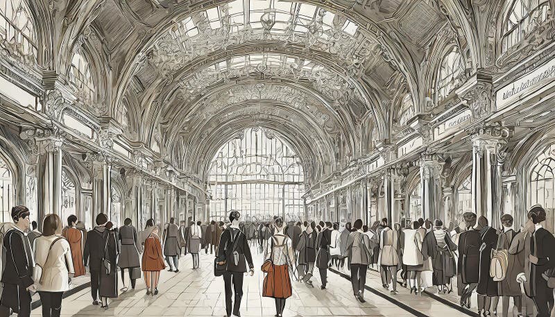 Crowd of People in Large Victorian Railway Station Interior Stock ...