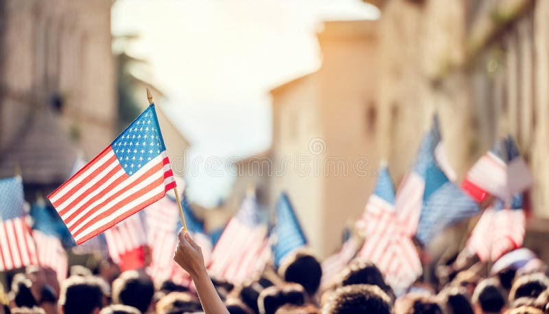 Crowd of People Outdoors Waving the US Flag Stock Illustration ...