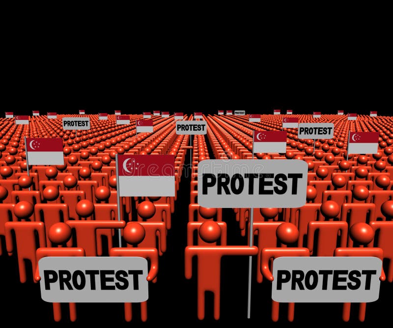 Crowd of People with Protest Signs and Singapore Flags Illustration ...