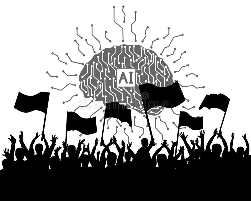 Crowd of People Protesting Against Artificial Intelligence. Vector ...