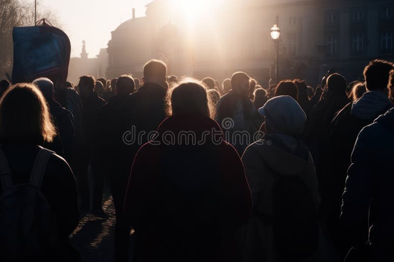 Crowd of People Protesting Together Walking in the City, View from ...