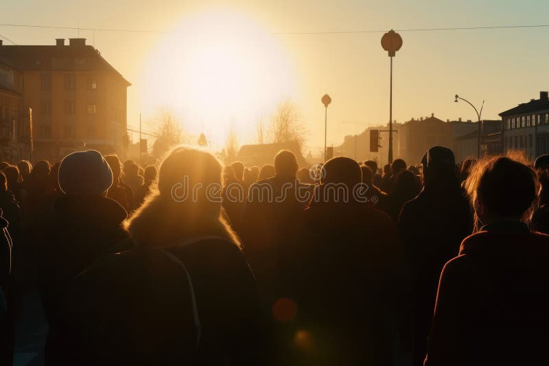 Crowd of People Protesting Together Walking in the City, View from ...