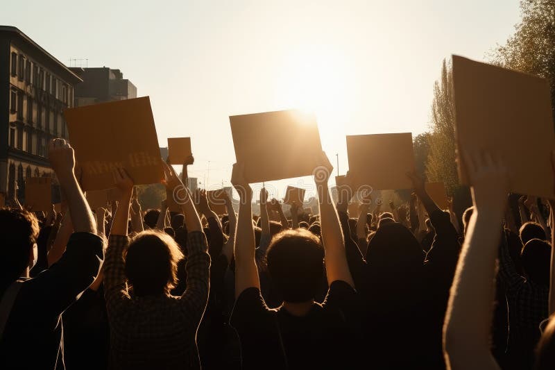 Crowd of People Protesting Together Walking in the City, View from ...