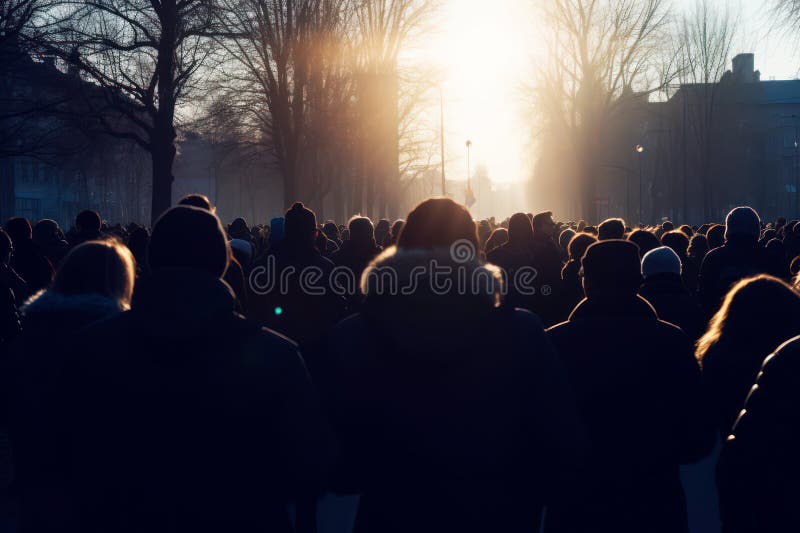 Crowd of People Protesting Together Walking in the City, View from ...