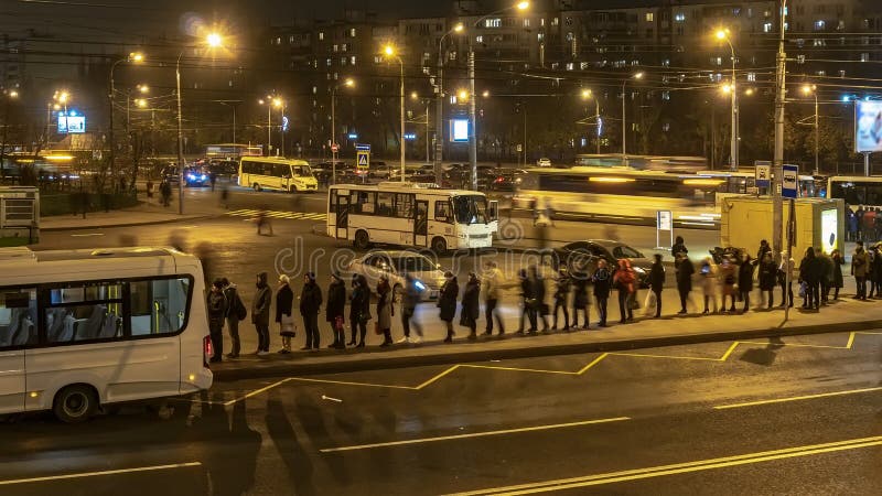 The Crowd of People in the Queue for the Bus at Rush Hour in the End of ...