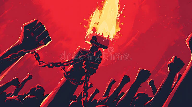 Crowd of People with Raised Hands and Burning Torch Bound with Chains ...