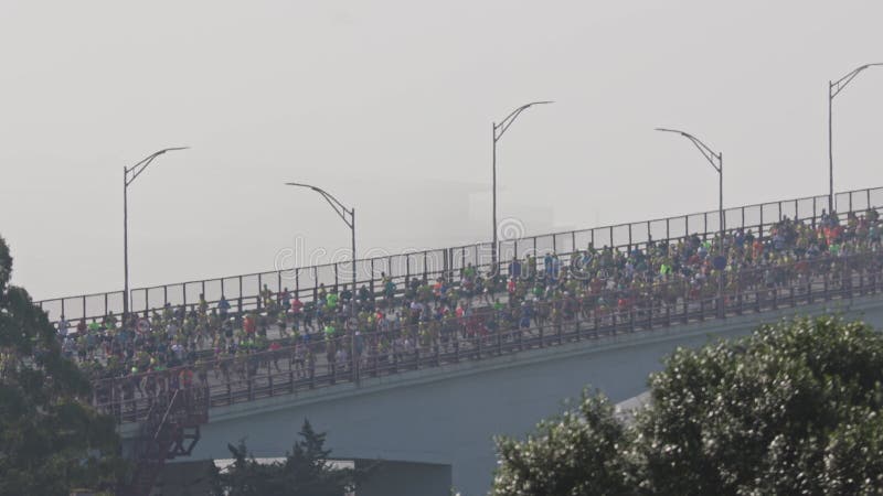 A Crowd of People Running Marathon on the Bridge Stock Footage - Video ...