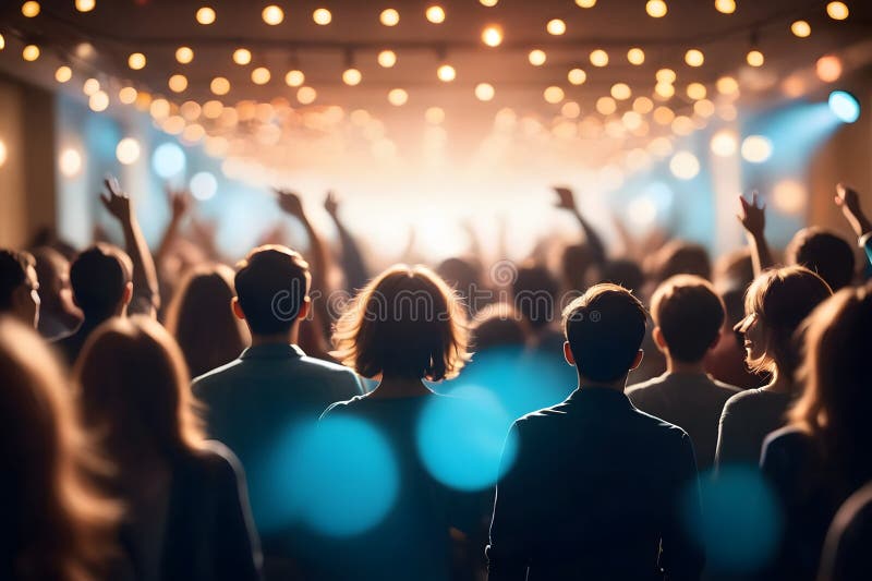 Crowd of People in Silhouette Facing a Bright Stage with Lights Stock ...