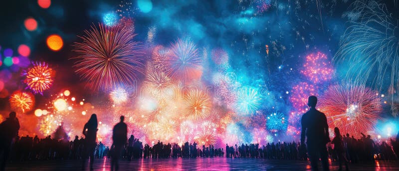 Crowd Silhouetted Against Vibrant Fireworks Exploding in Night Sky ...