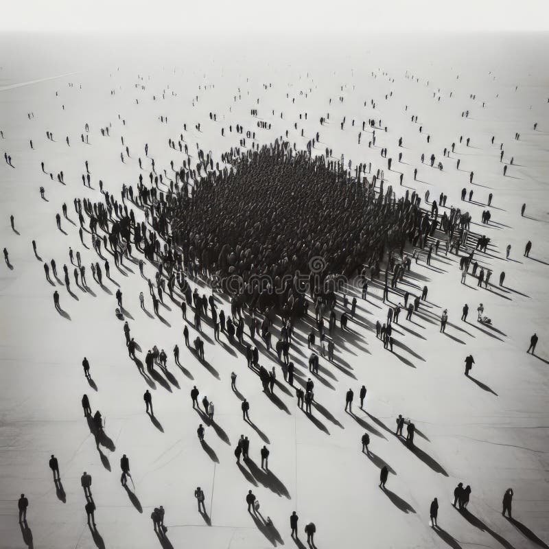 Crowd of People Standing on a Flat Surface, Casting Long Shadows. Dense ...