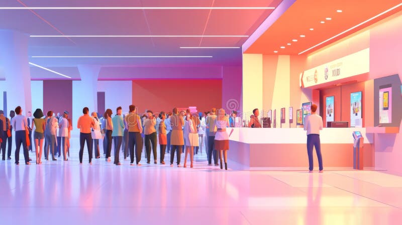 Crowd of People Standing in Line at a Ticket Booth in a Modern Building ...