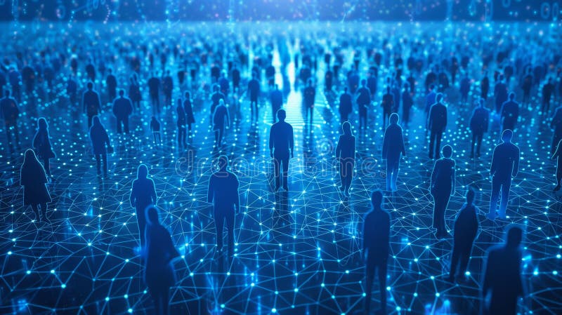 Crowd of People Standing on Network Grid with Data Flowing Around Them ...