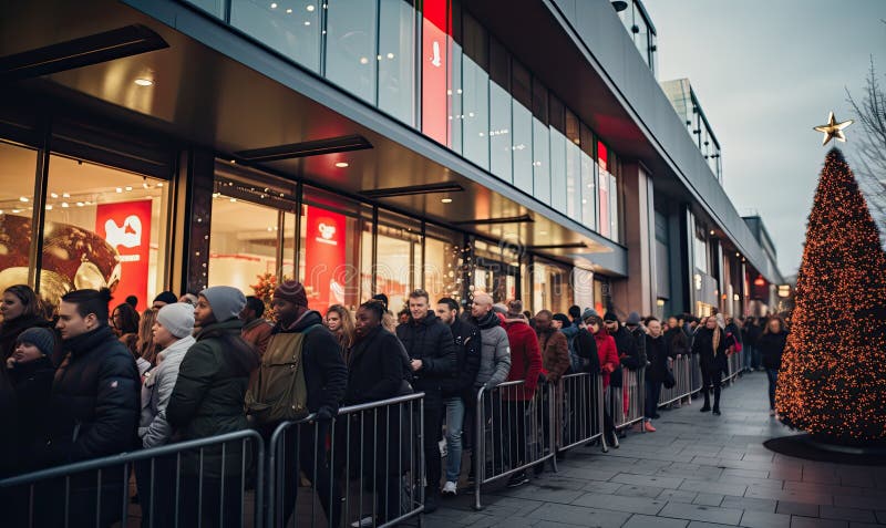 A Crowd of People Standing Outside of a Store Stock Illustration ...