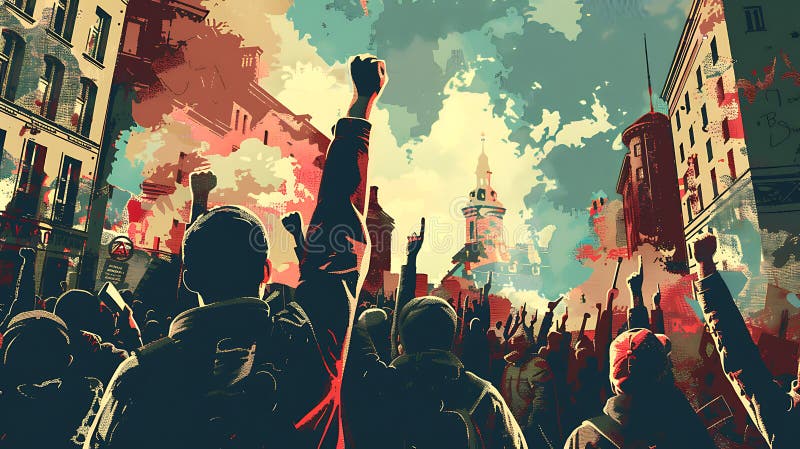 A Crowd of People with Their Hands Up in the City. Illustration of a ...