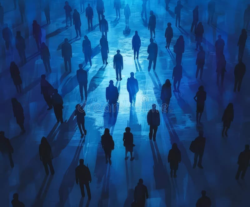 Crowd of People Walking on Blue Background with Light in Center Stock ...
