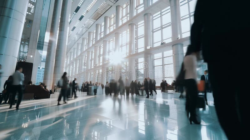 Crowd of People Walking in a Bright Business Office Building Lobby ...