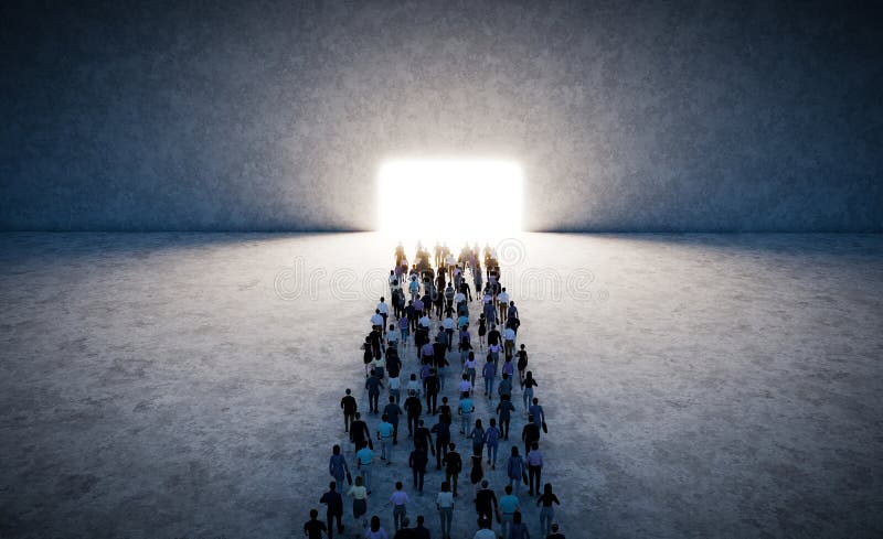 Crowd of People Walking Towards Bright Light Gate in Large Space Stock ... Crowd of People Walking Towards Bright Light Gate in Large Space Stock ...