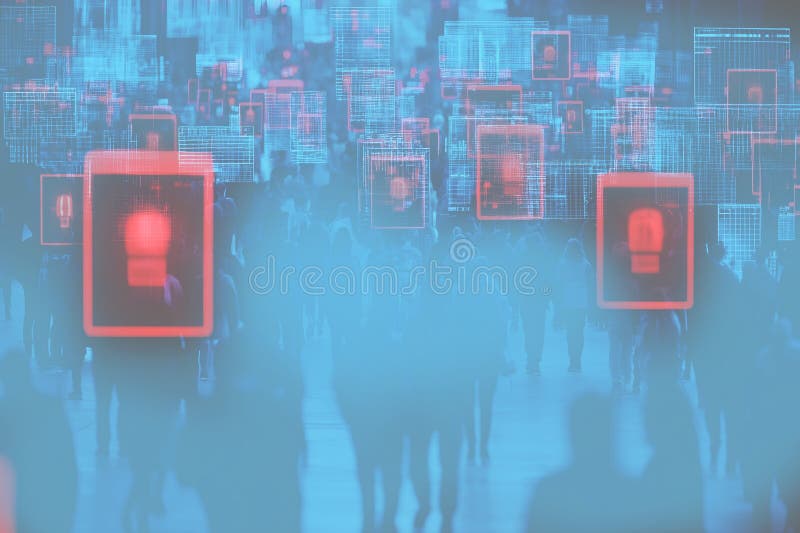 Crowd of People Walking Under Surveillance with Futuristic Digital ...