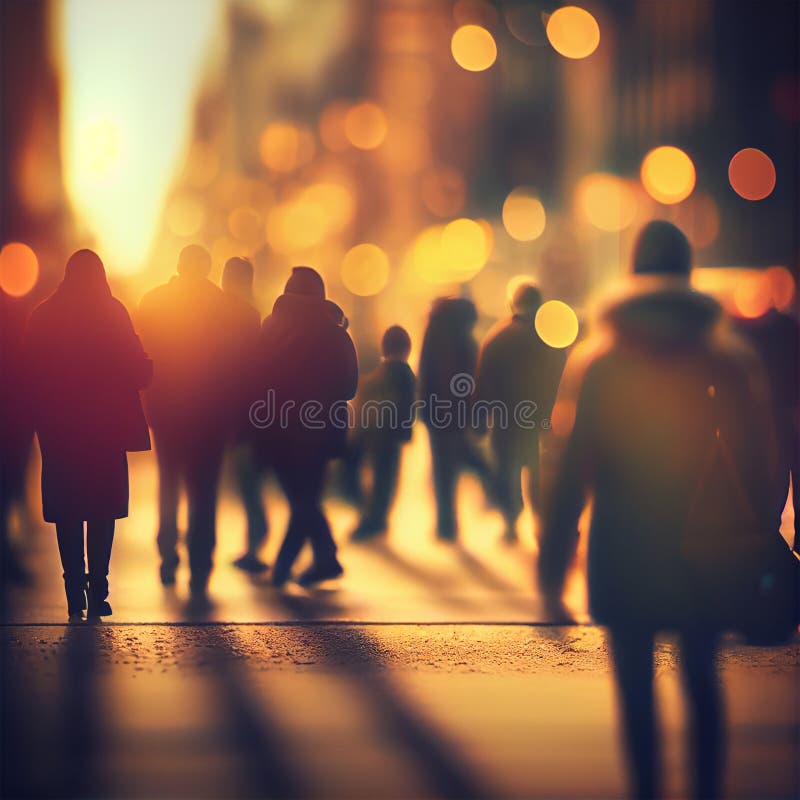 Crowd of People Walking from Work, Sunset Blurred Bokeh Background - AI ...
