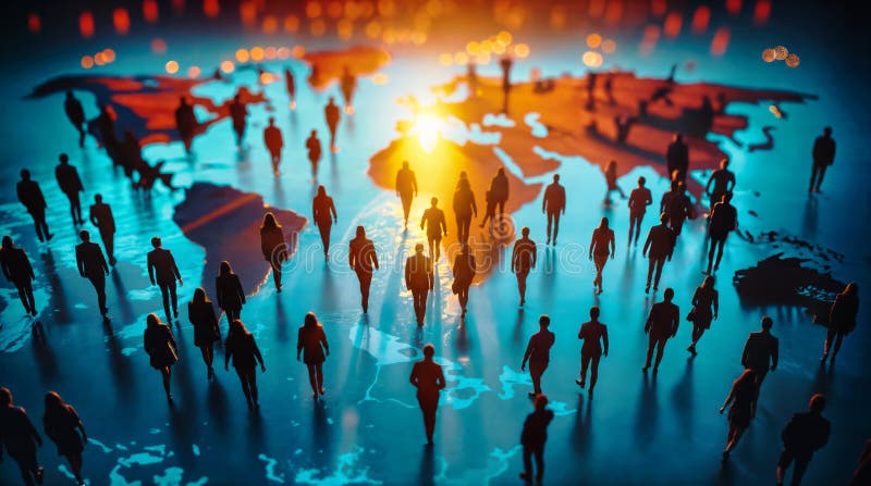 Crowd of People Walking on a World Map, Abstract Illustration, Concept ...