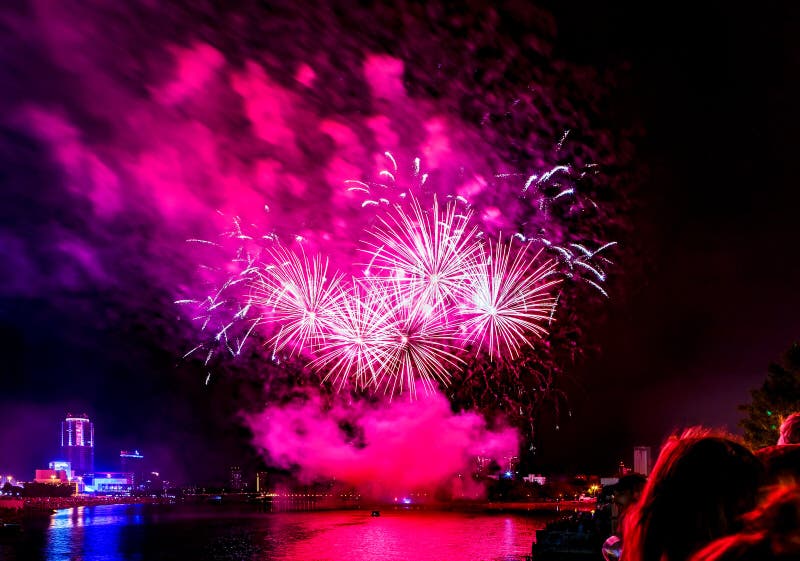 Crowd of People Watch the City S Nighttime Fireworks Stock Image ...