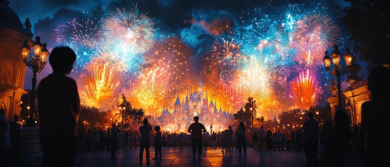CROWD WATCHING FIREWORKS OVER CASTLE at NIGHT Stock Illustration ...