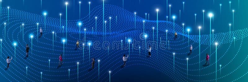 Crowd Positioned Across Dotted Tech Landscape Glowing with Signals ...