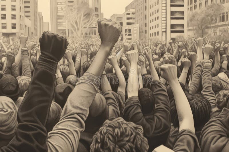 Crowd of Protesters with Fist Raised, Rear View, Closeup. Generative AI ...