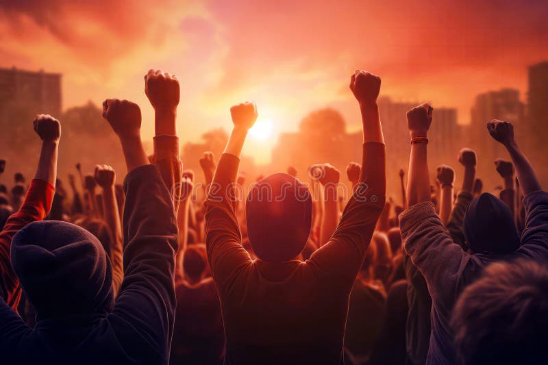 Crowd of Protesters with Fist Raised, Rear View, Sunset. Generative AI ...