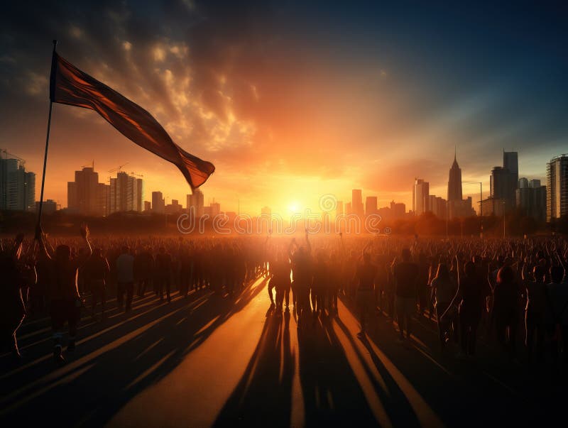Crowd of Protesters People with Flags Going at the Street in Sunset ...
