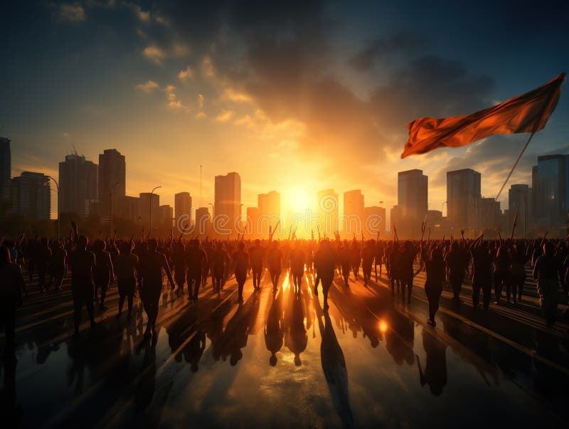 Crowd of Protesters People with Flags Going at the Street in Sunset ...