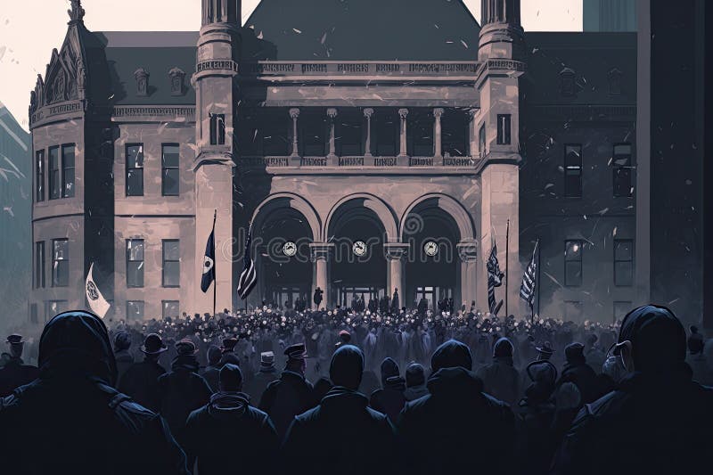 Crowd of Protesters Standing in Front of Large Building, with Police ...