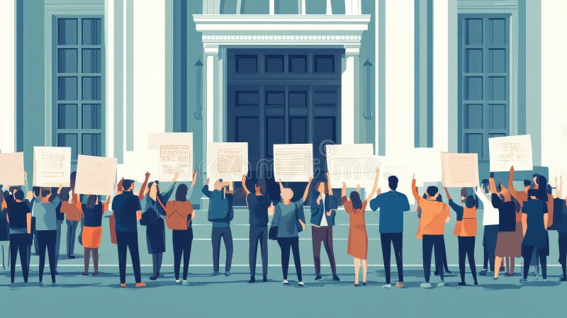 Crowd Protesting in Front of Large Building Exterior, Illustration ...