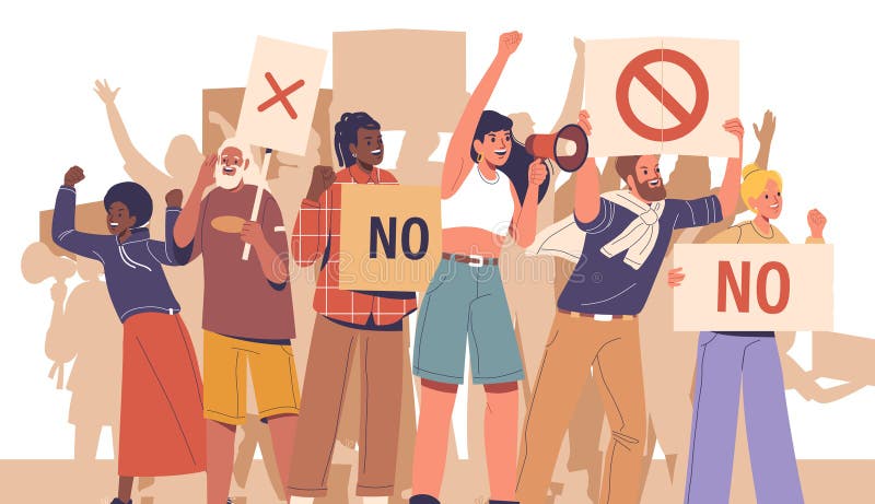 Crowd of Protesting People Cartoon Characters Holding Placard Banners ...