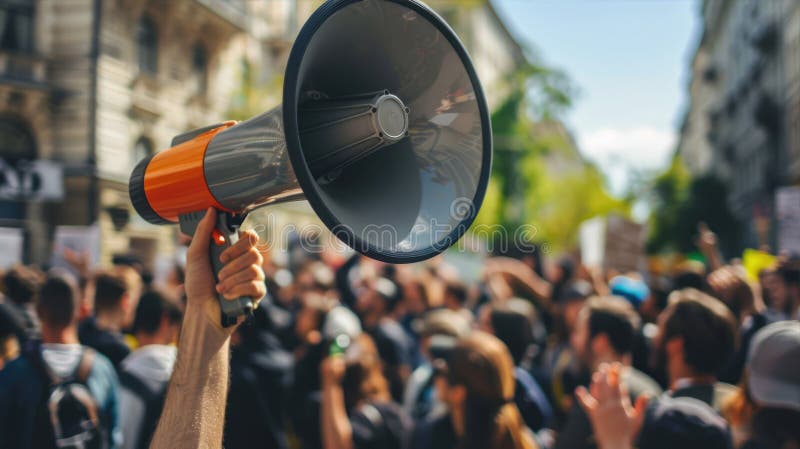 Crowd Protesting in the Street with Focus on Loud Speaker in Hand Stock ...