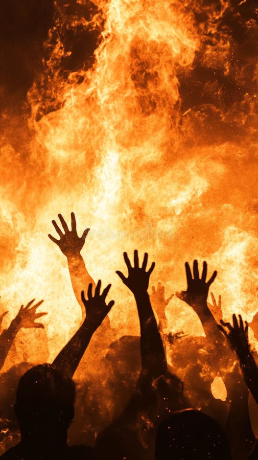 Crowd Raising Hands in Front of Burning Fire at Night Stock Image ...