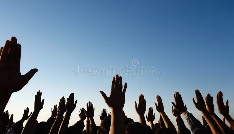 Crowd Raising Hands Under Clear Blue Sky â€ Unity and Freedom Concept ...