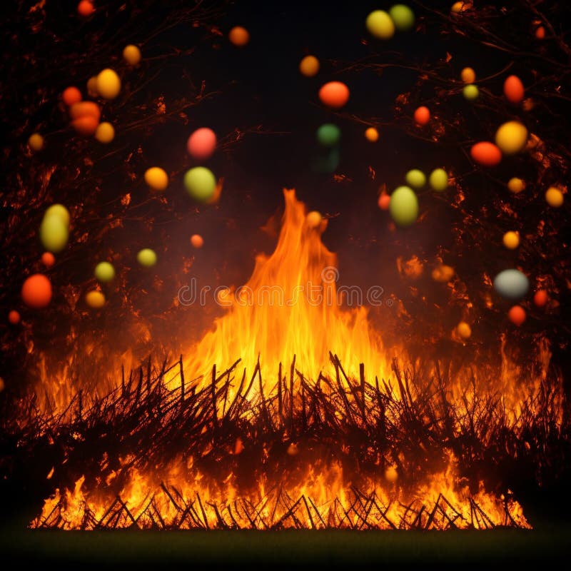 Crowd of Robotin Silhouette Watching Easter Fire or Bonfire. Generative ...