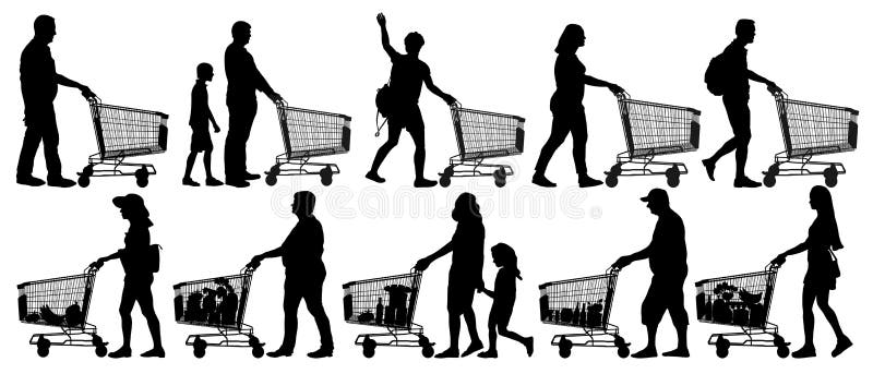 Crowd of Shoppers with Empty and Full Shopping Carts. Set of Isolated ...