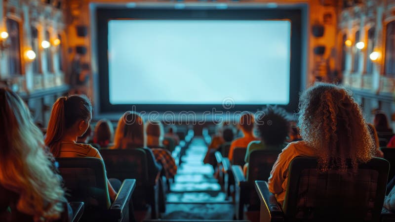 A Crowd of Spectators in the Dark Watching a White Screen in a Movie ...