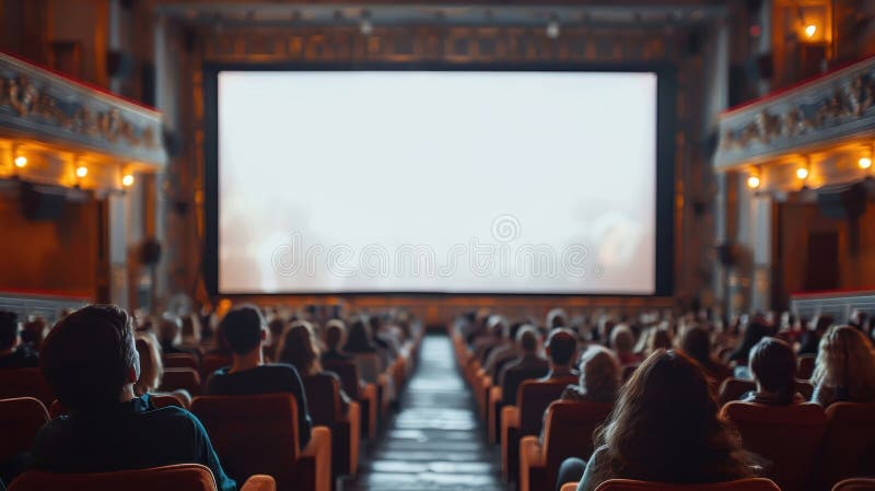 A Crowd of Spectators in the Dark Watching a White Screen in a Movie ...