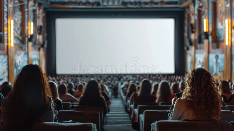 A Crowd of Spectators in the Dark Watching a White Screen in a Movie ...