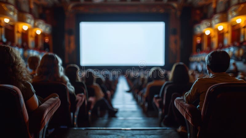 A Crowd of Spectators in the Dark Watching a White Screen in a Movie ...
