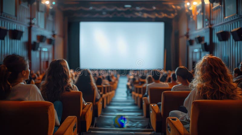 A Crowd of Spectators in the Dark Watching a White Screen in a Movie ...