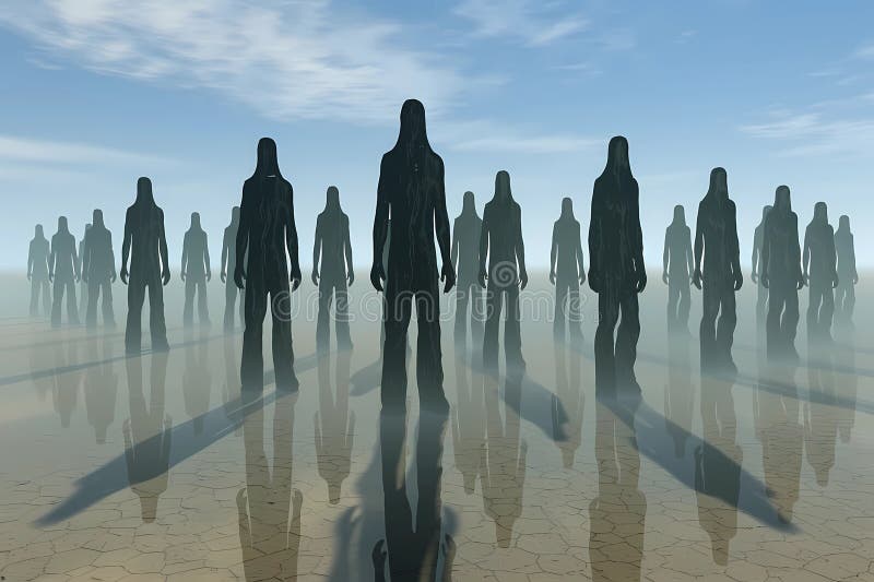 Numerous Silhouetted Figures Stand, Their Shadows Stretching Impossibly ...