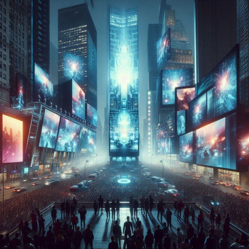 A Crowd Staring at Giant Floating Screens in a Futuristic Times Square ...