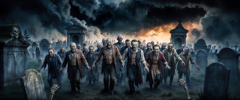 Horde of Zombies Walking in a Cemetery at Sunset Stock Illustration ...